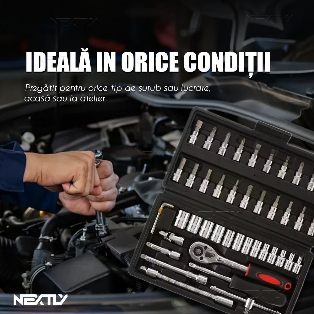 Trusa de scule cu 46 piese NEXTLY, surubelnita, clichet, tubulare, biti ...
