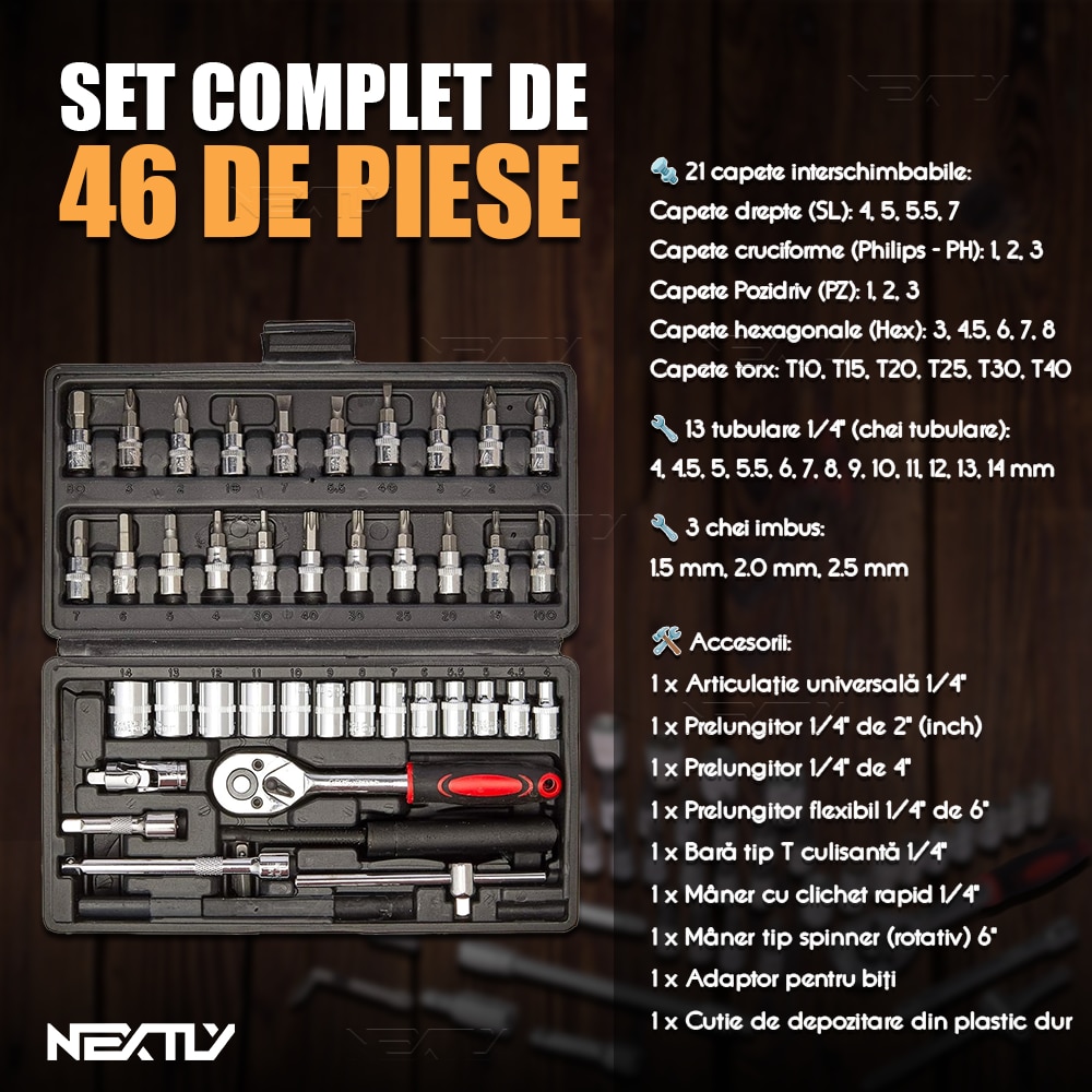 Trusa de scule cu 46 piese NEXTLY, surubelnita, clichet, tubulare, biti ...