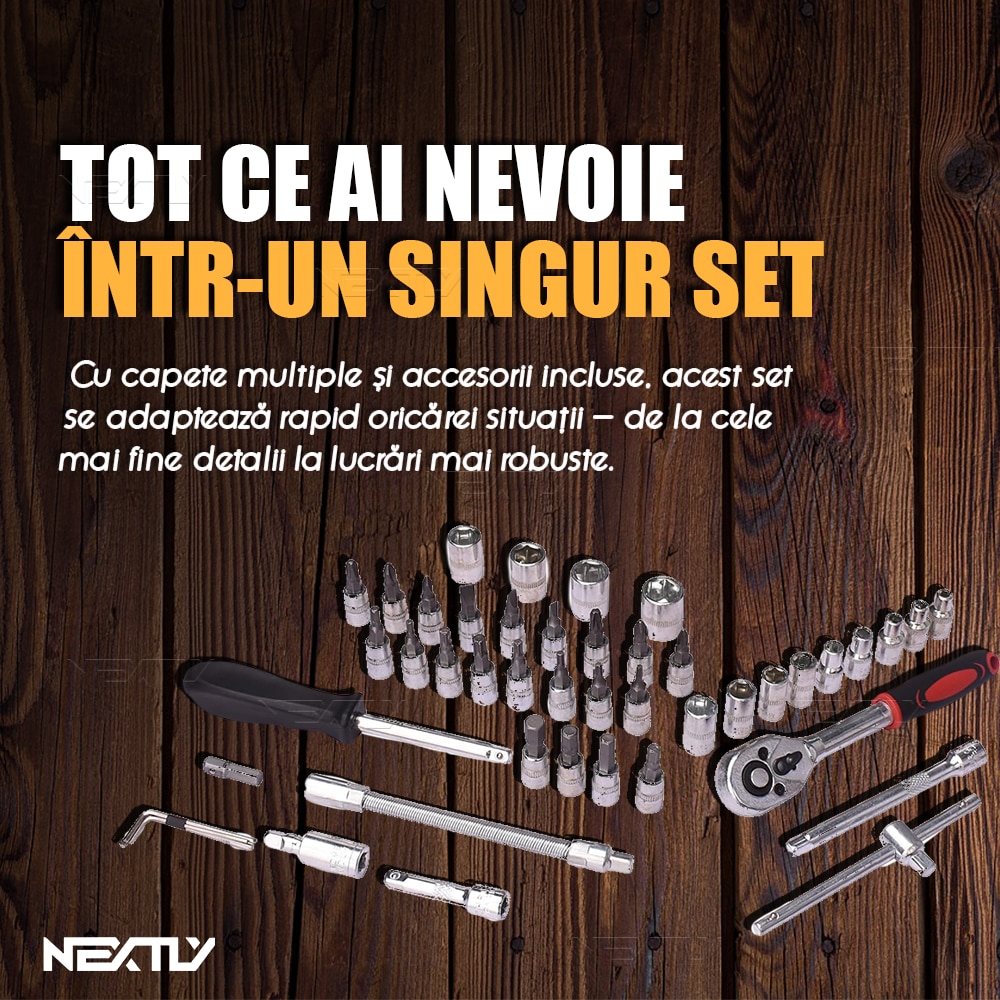 Trusa de scule cu 46 piese NEXTLY, surubelnita, clichet, tubulare, biti ...