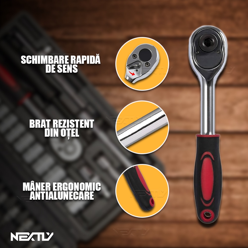 Trusa de scule cu 46 piese NEXTLY, surubelnita, clichet, tubulare, biti ...