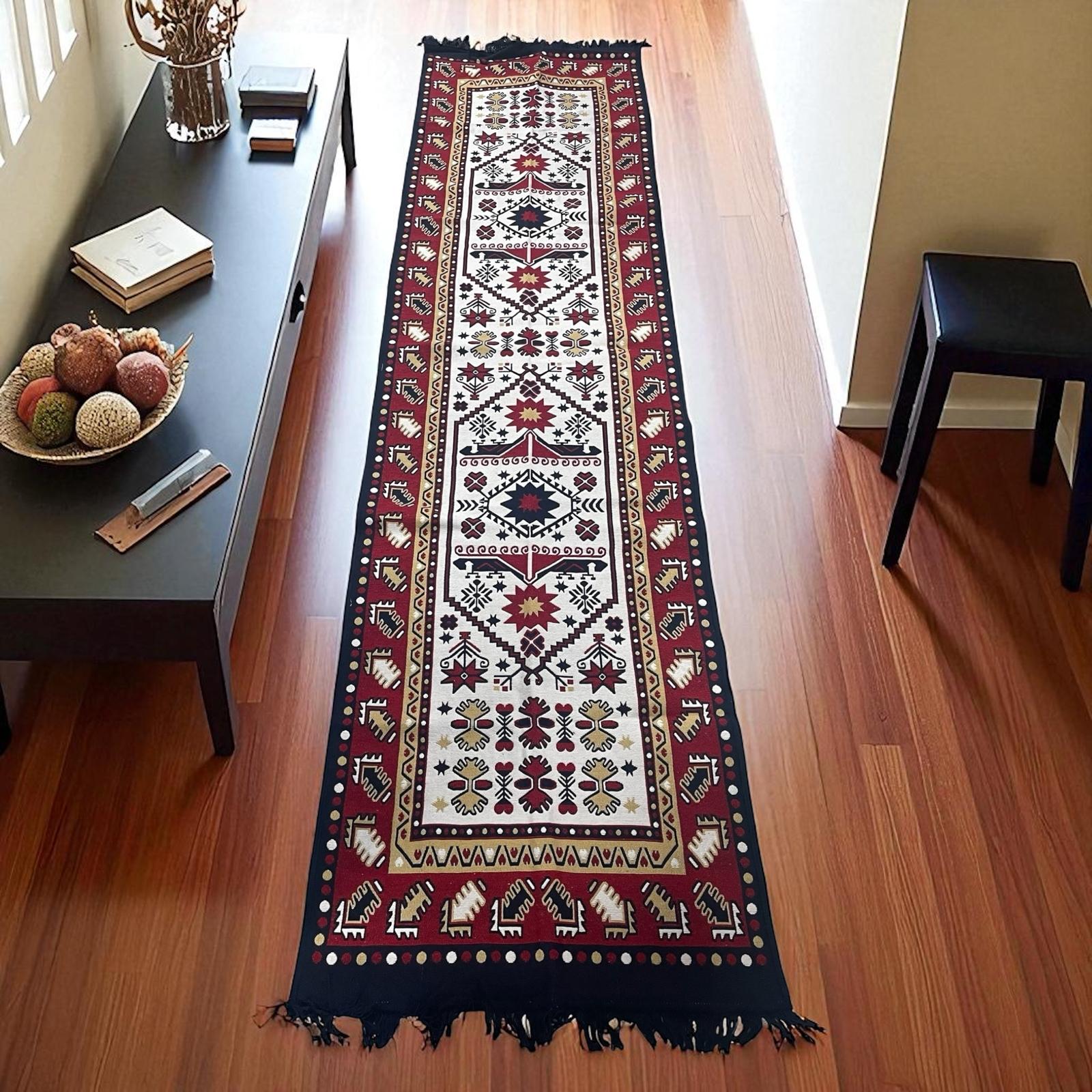 Covor Traditional Suave, 80x300cm, Rosu Bleumarin Alb, cu franjuri ...