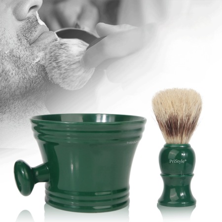 Set de Barbierit PriStyle, Pamatuf Sintetic si Bol pentru Spumă, Verde ...