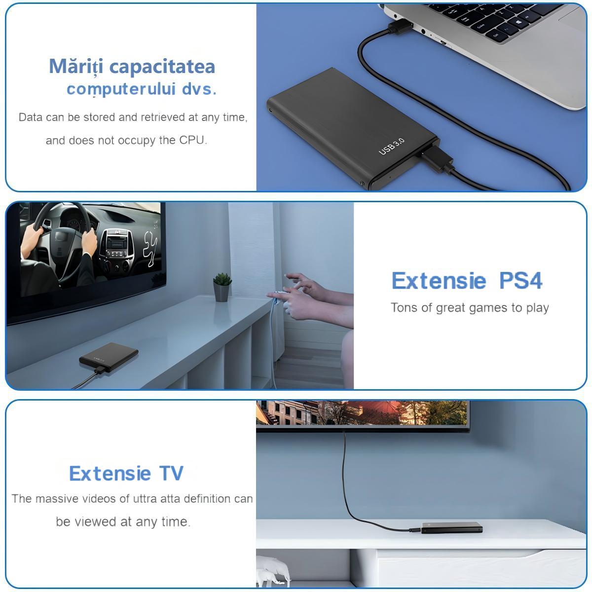Hard disk extern 2TB, portabil, USB 3.0, carcasa subtire, negru - eMAG.ro