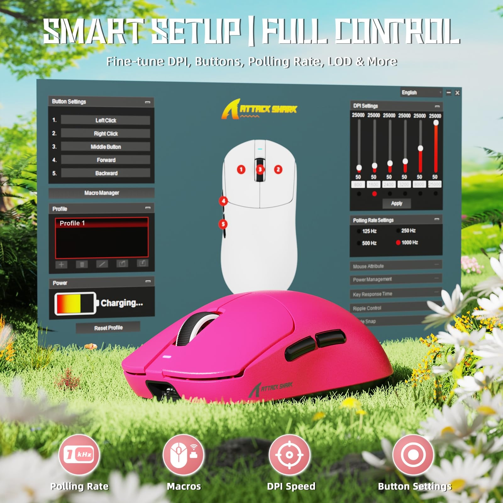 Mouse de gaming, ATTACK SHARK, X8 SE, wireless, 55 g, 25000 DPI, Rosu ...