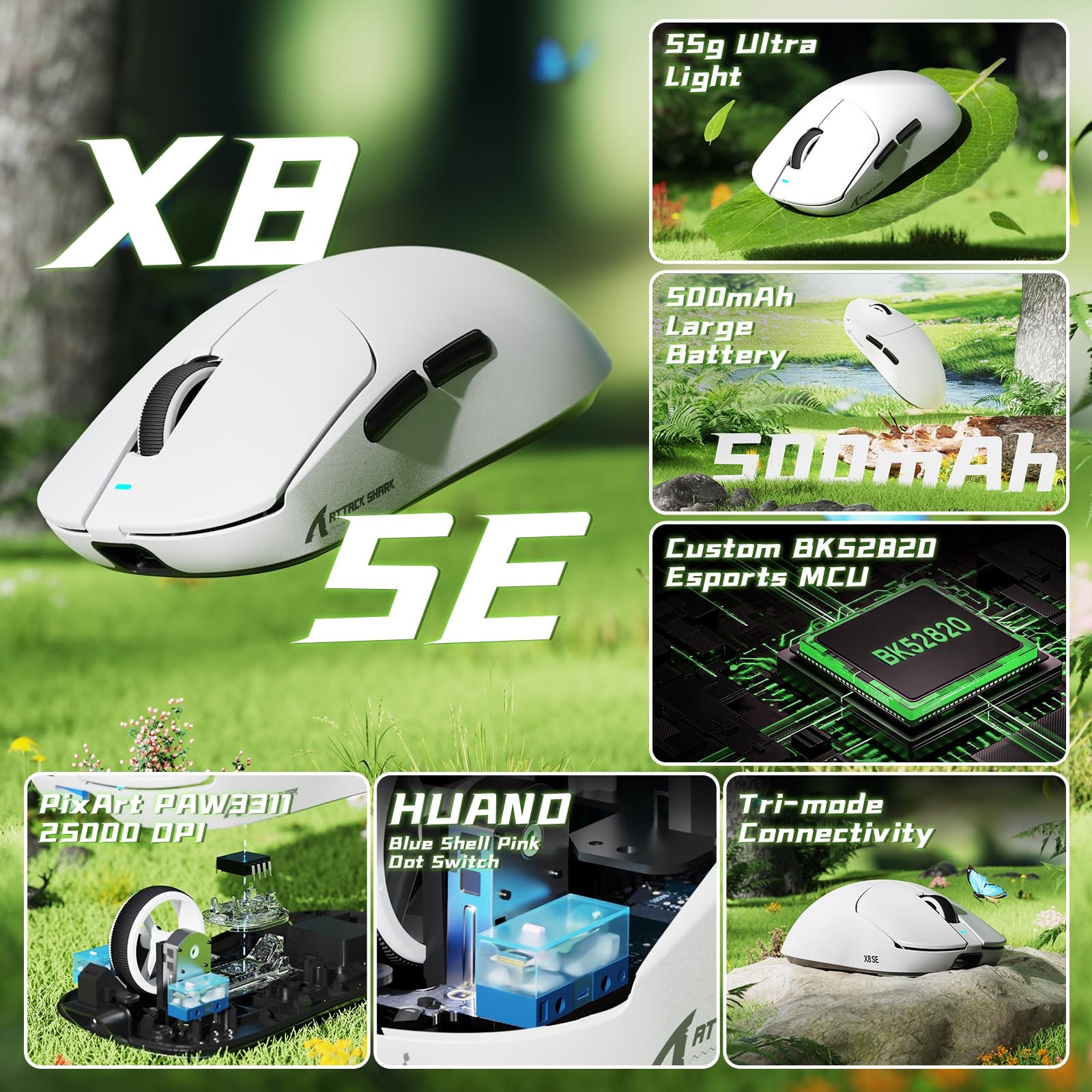 Mouse de gaming wireless ATTACK SHARK X8 SE, mouse programabil wireless ...