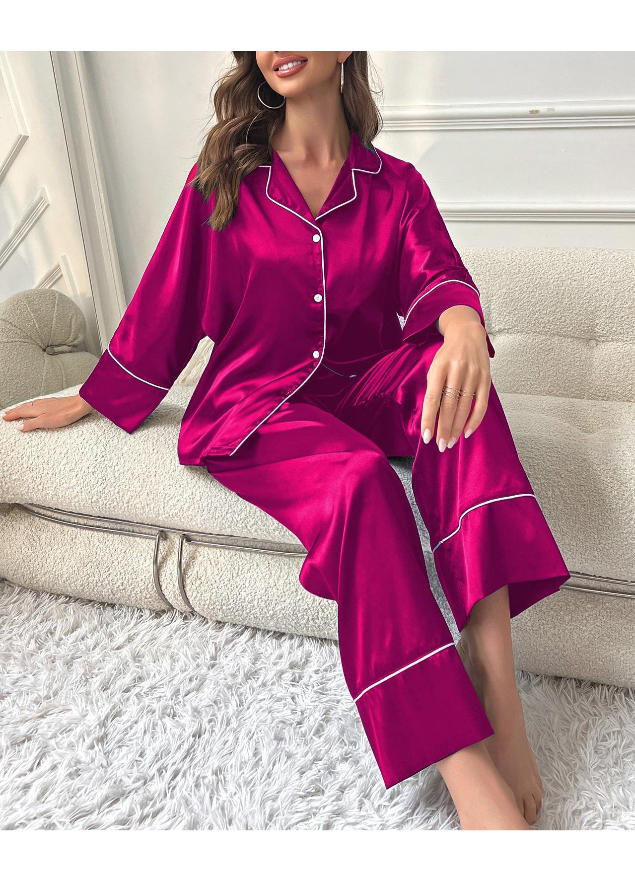Pijama dama satin HIDARLING, bluza cu maneca lunga si pantaloni lungi ...