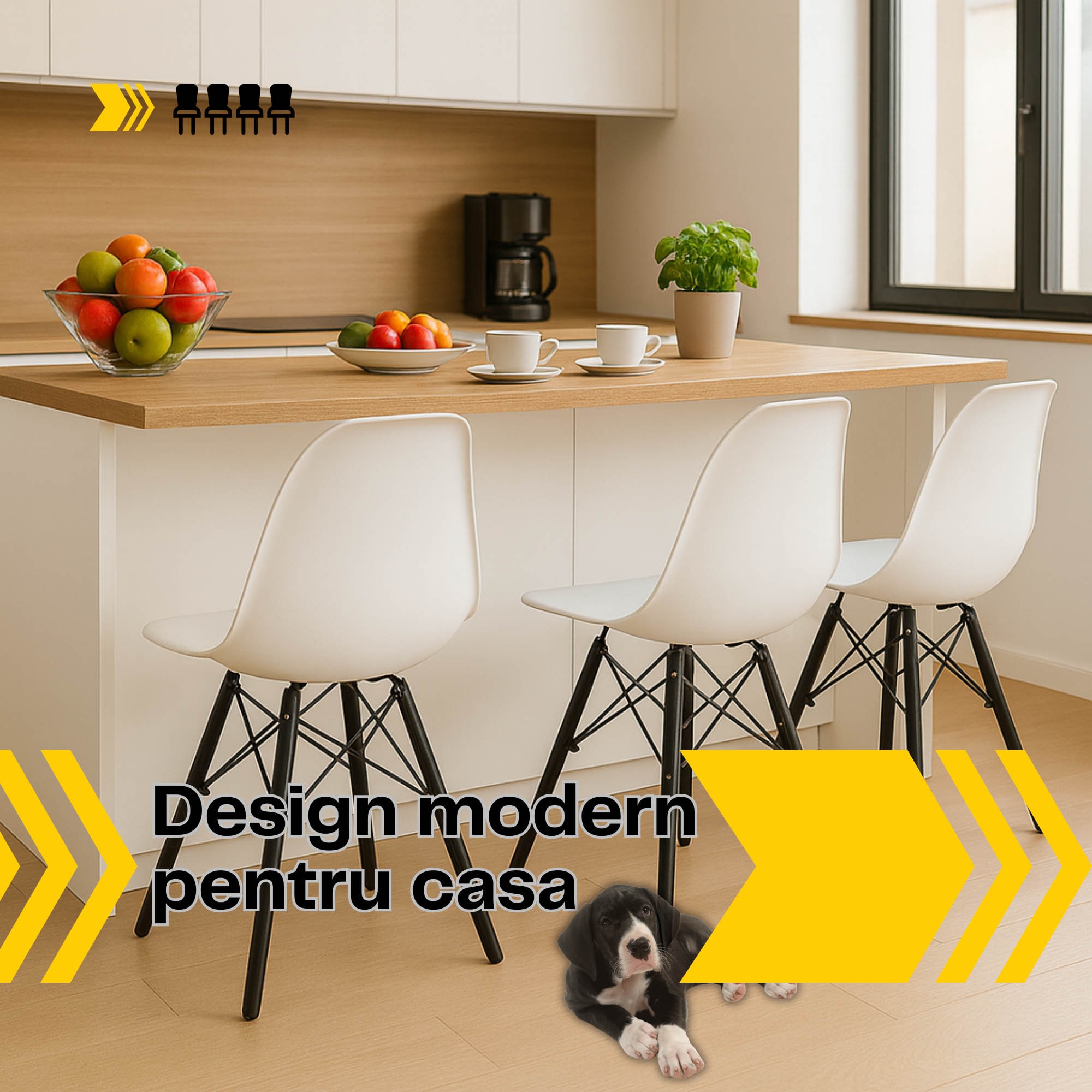 Set 4 Scaune Galaxia® in Stil Scandinav, Scaun Alb Elegant cu Picioare ...