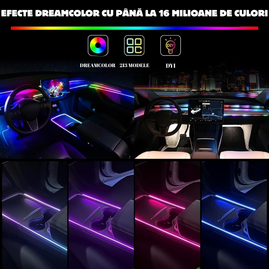 Lumini Ambientale LED Interior Auto Acrilice Ascunse 18-in-1 RGB, 64 ...