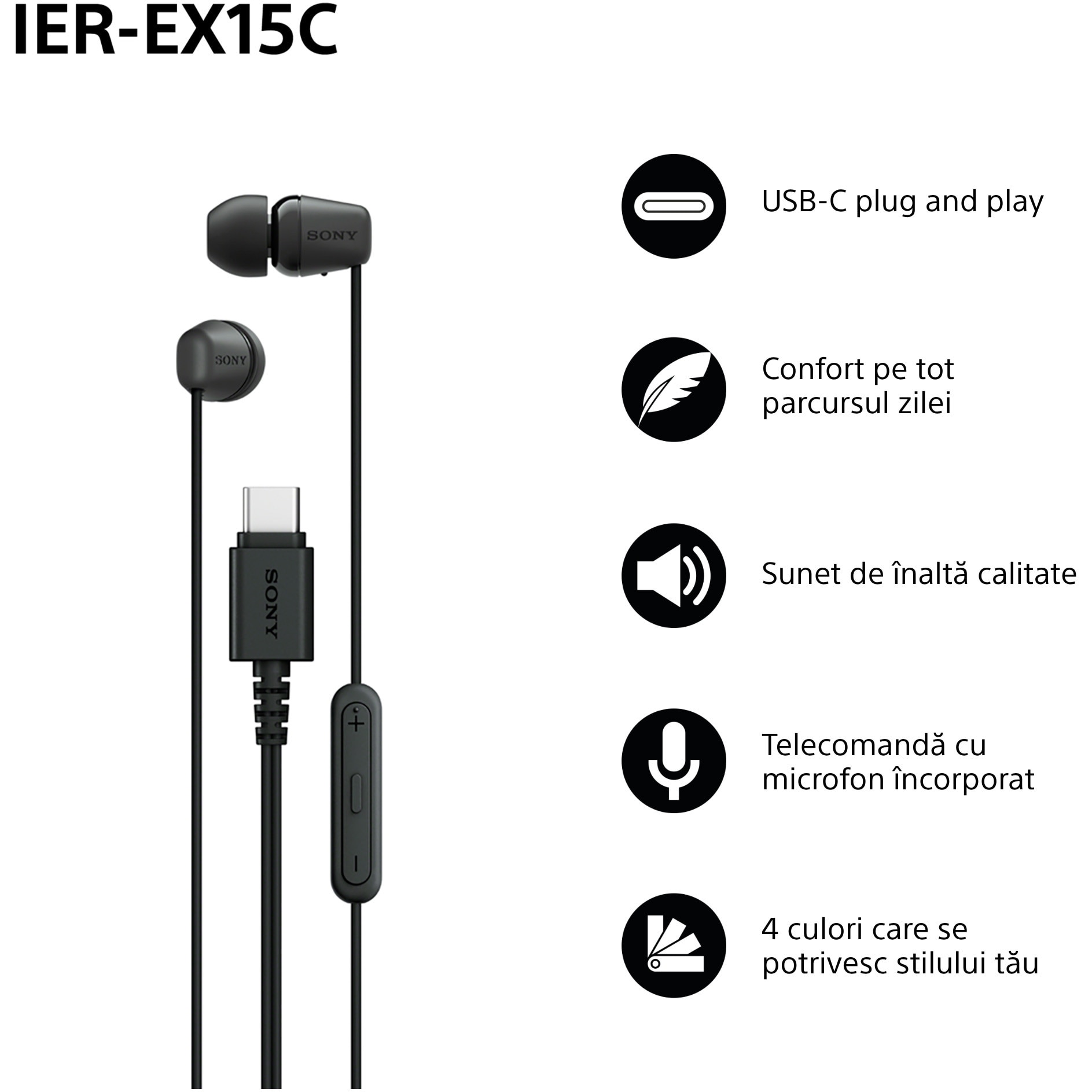 Casti In-Ear SONY IER-EX15CB, Cu Fir, Microfon, USB-C, Negru - eMAG.ro