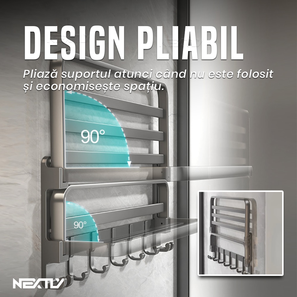 Suport de prosoape pentru baie si bucatarie NEXTLY, pliabil, 7 carlige ...