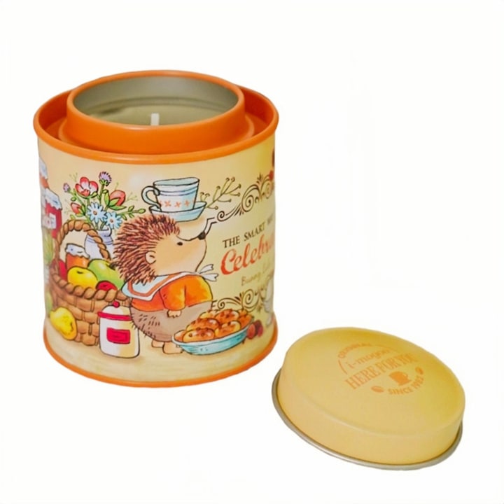 Lumanare parfumata in cutie metalica, design iepuras vintage, galben, grapefruit portocaliu ...