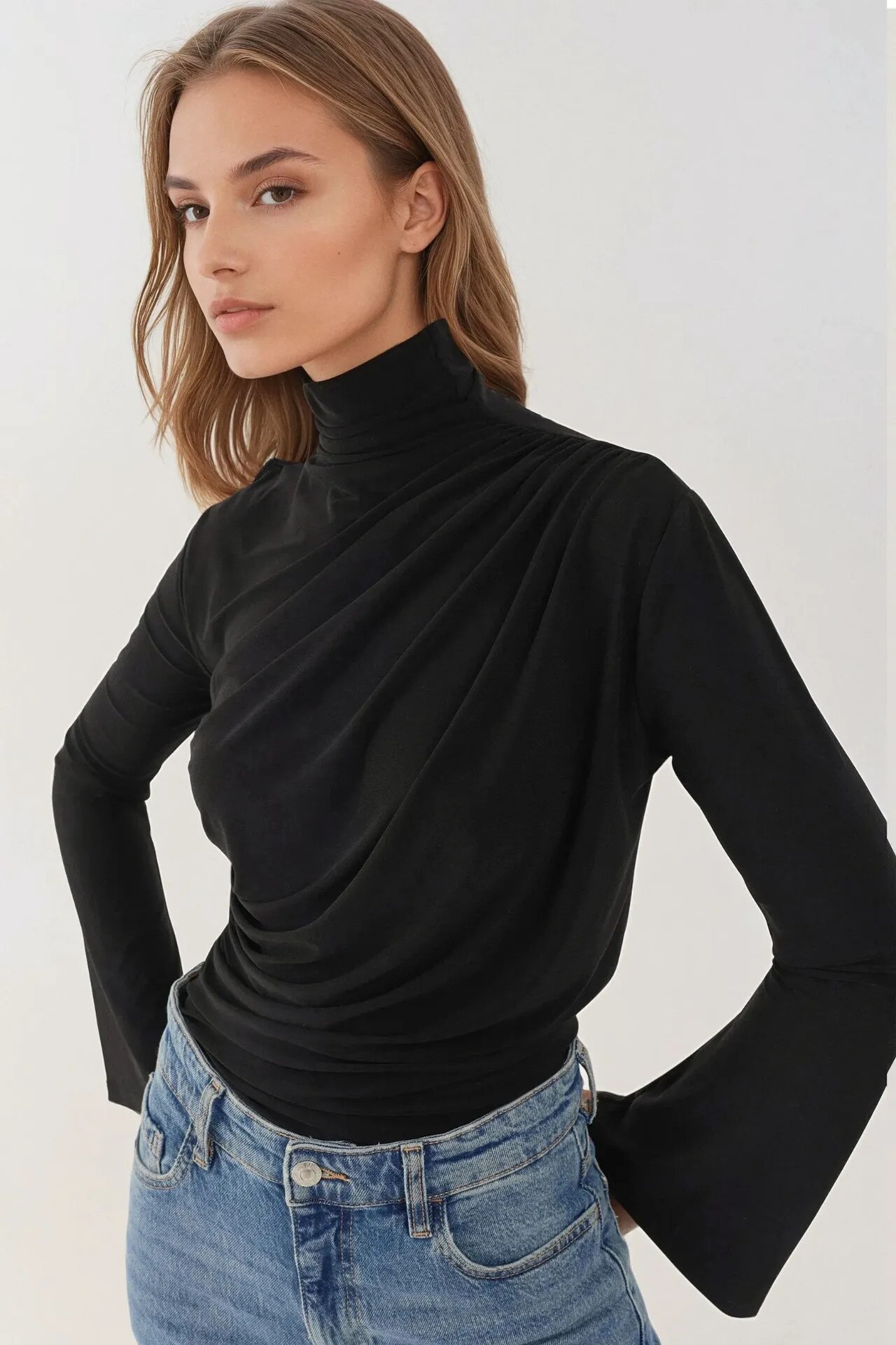 Bluza dama, HiCCUP, eleganta, tricot, maneca lunga, croiala slim, Negru ...