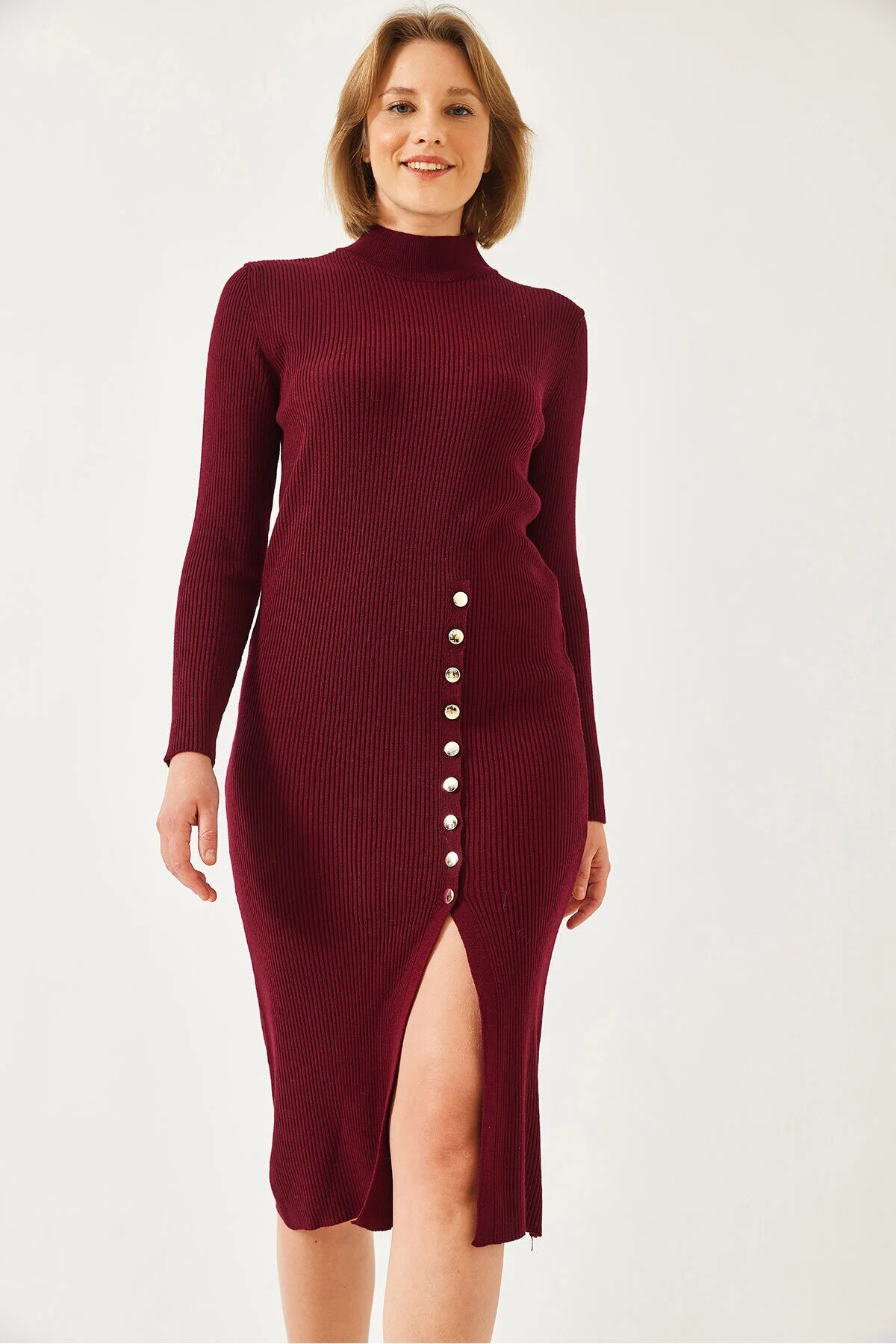 Rochie midi, Bianco Lucci, tricotata, guler inalt, visiniu, tricot, S-M ...