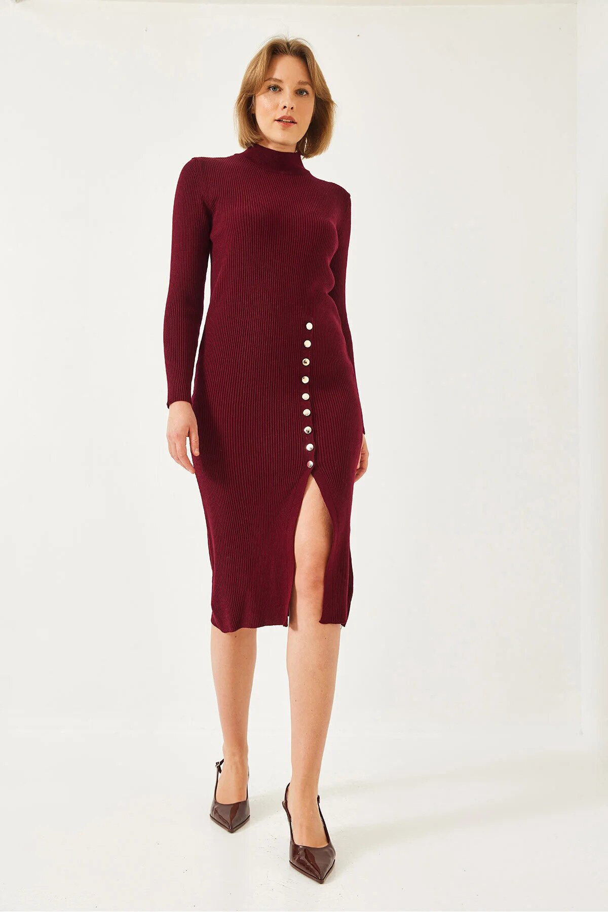 Rochie midi, Bianco Lucci, tricotata, guler inalt, visiniu, tricot, S-M ...