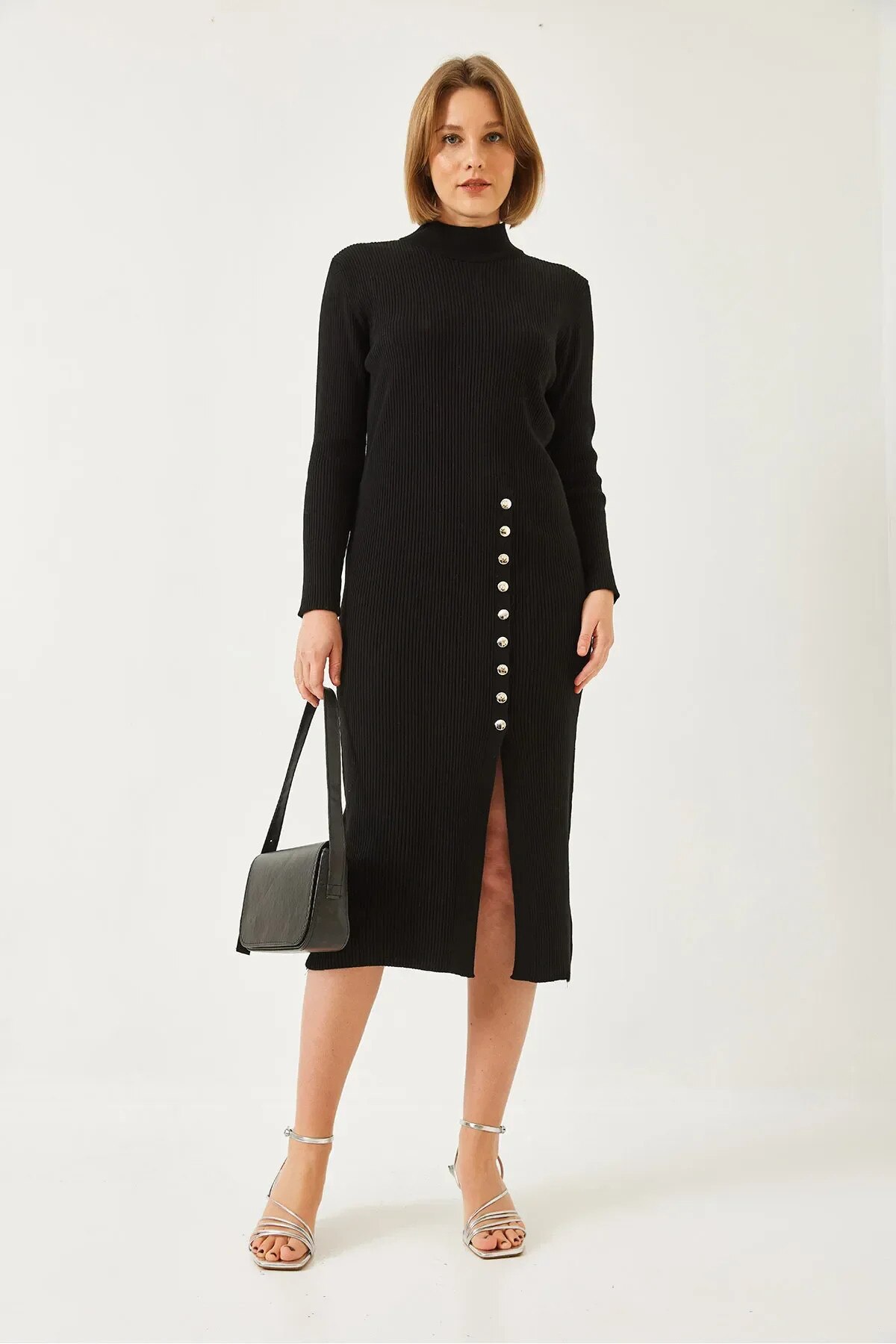 Rochie midi, Bianco Lucci, tricotata, guler inalt, negru, S-M INTL ...