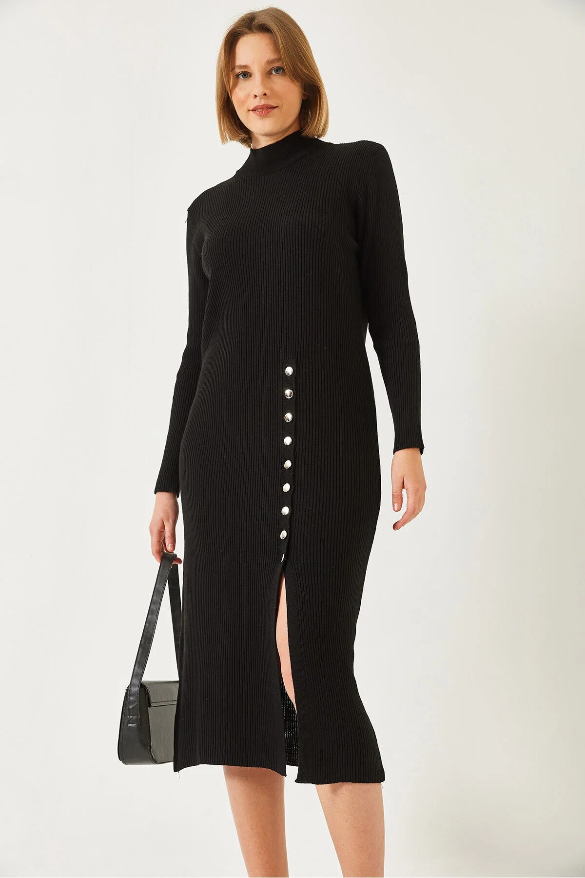 Rochie midi, Bianco Lucci, tricotata, guler inalt, negru, S-M INTL ...