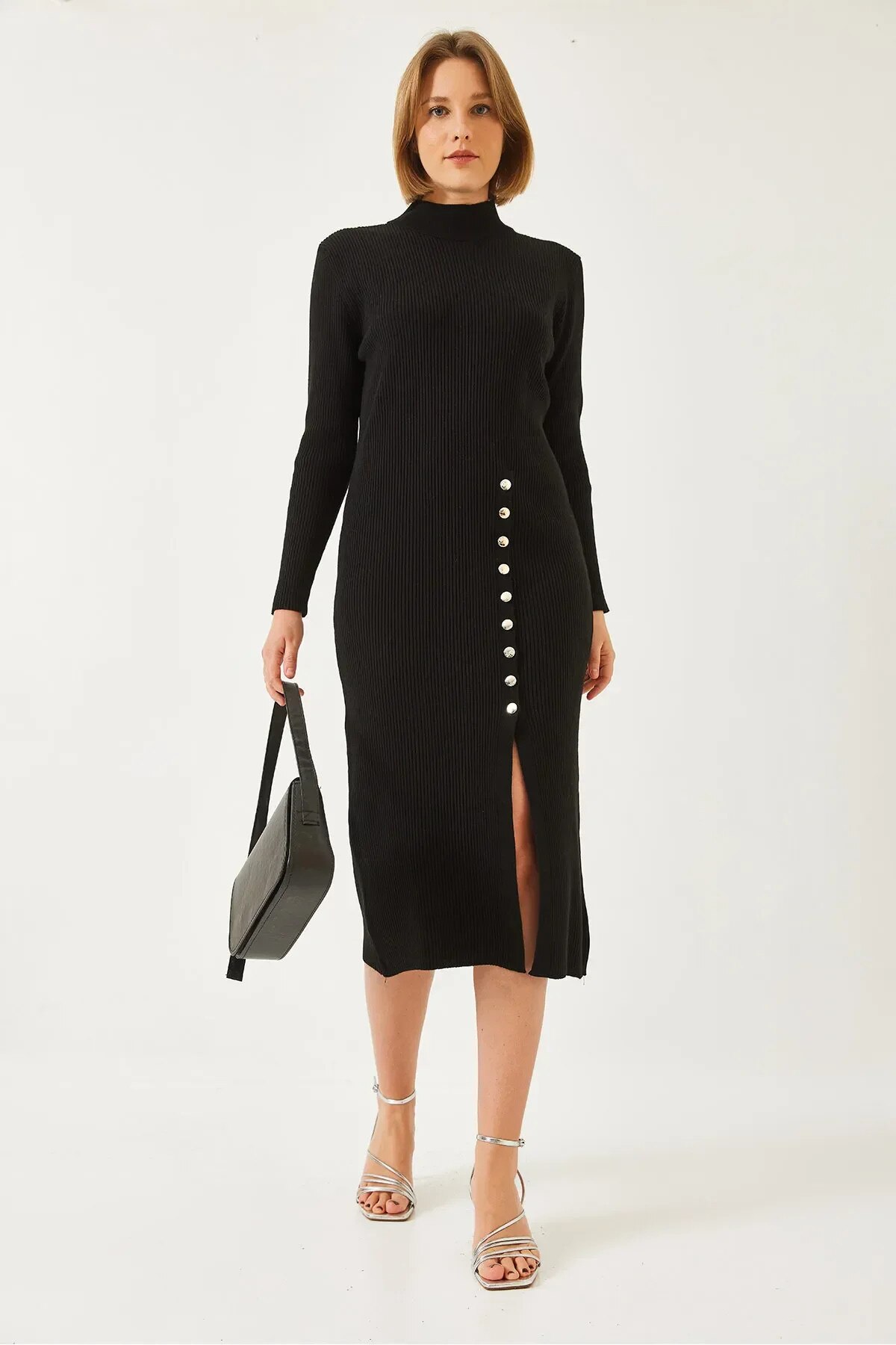 Rochie midi, Bianco Lucci, tricotata, guler inalt, negru, S-M INTL ...