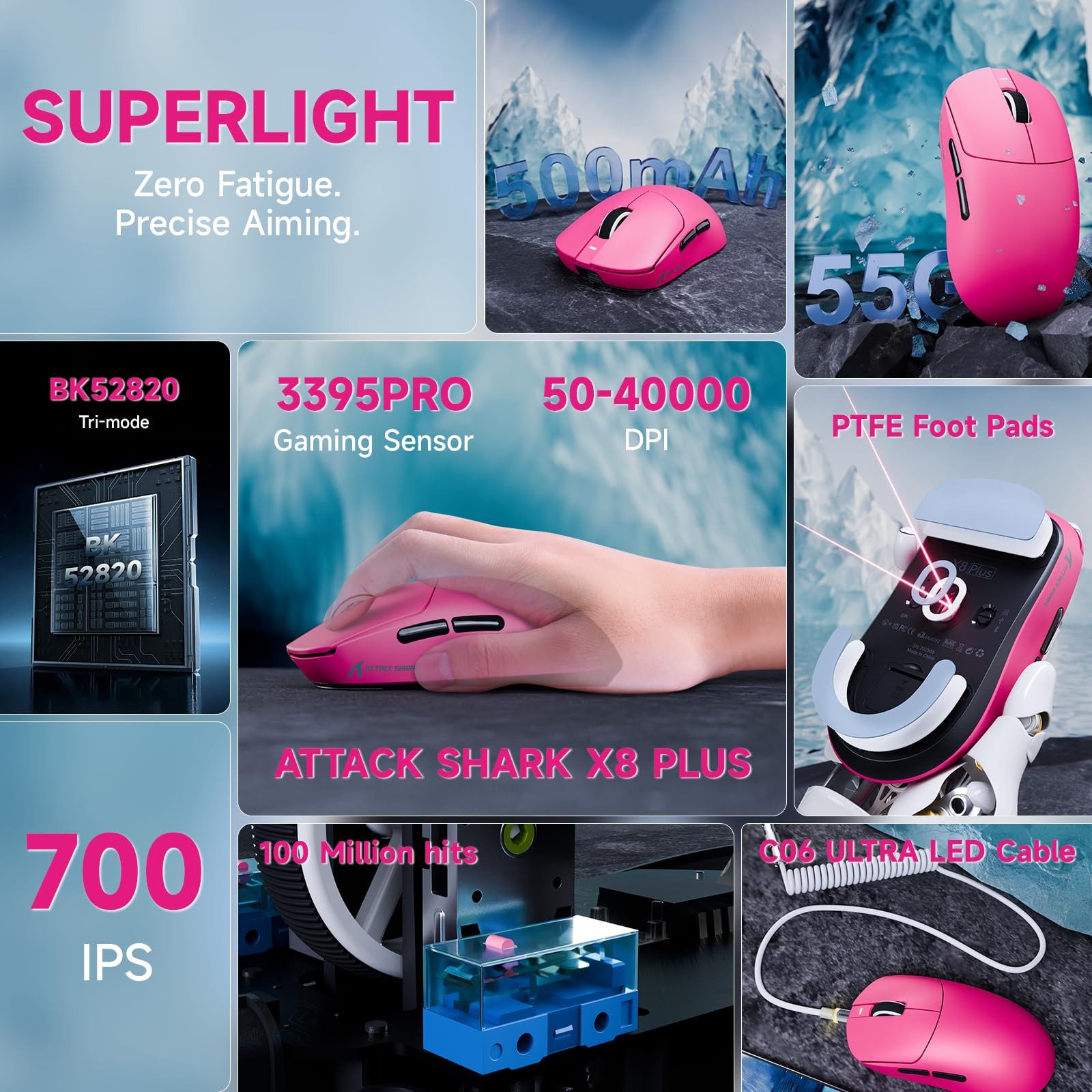 Mouse de gaming wireless ATTACK SHARK X8 PLUS, 40000 DPI, conexiune tri ...