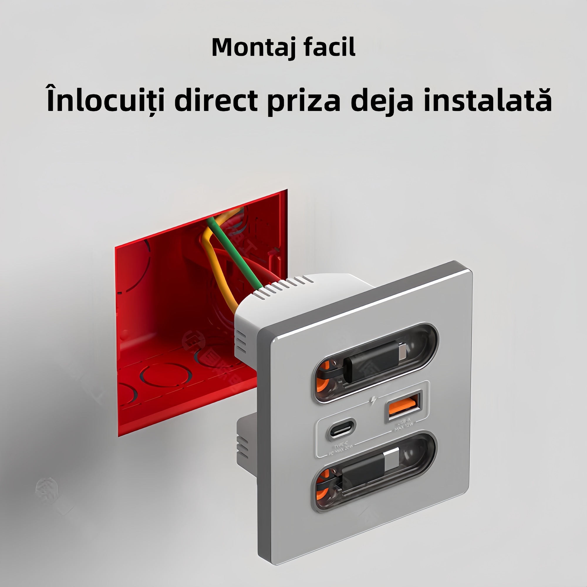 Priza de perete Poisoon® cu Incarcare Rapida 20W, Cabluri retractabile ...