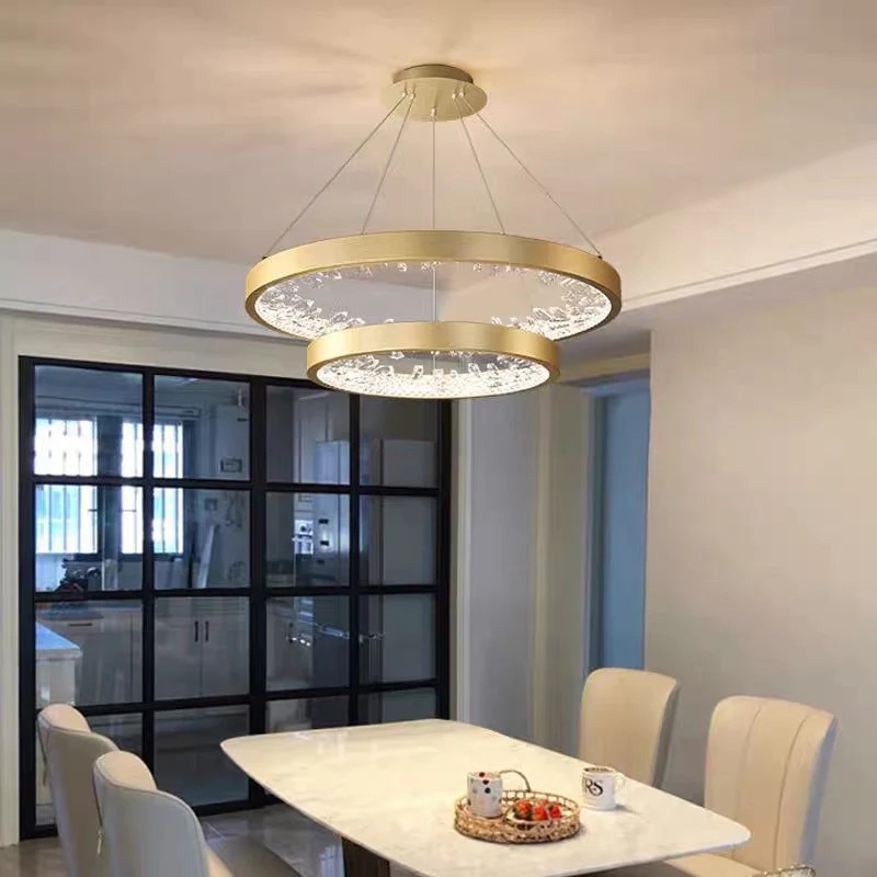 Lustra LED suspendata cu telecomanda, Cristale K9, 85W, 2 Cerc, lumina ...