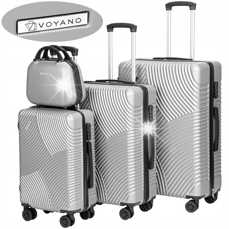 Set valize calatorie pe roti, Voyano, 3 valize + cufer, ABS, argintiu ...