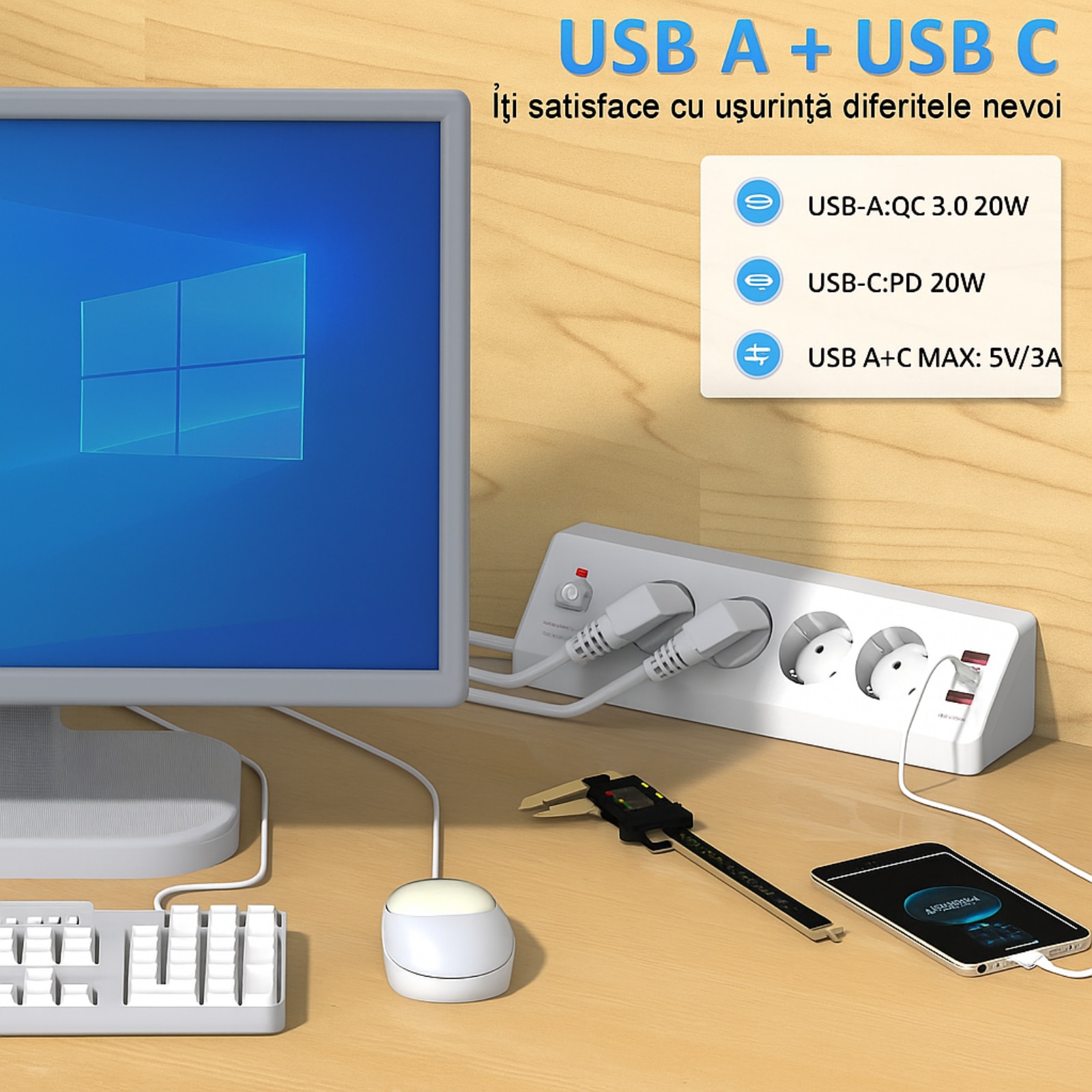 Priza de Colt, Adsinio, 4 Prize Schuko, 2 Porturi USB-A, 1 Port USB-C ...
