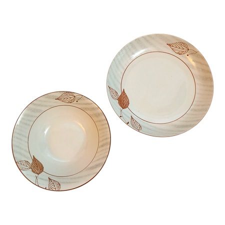 Set veselă 12 piese model frunze, ceramică, 6 farfurii 20.5x3.5cm, 6 ...