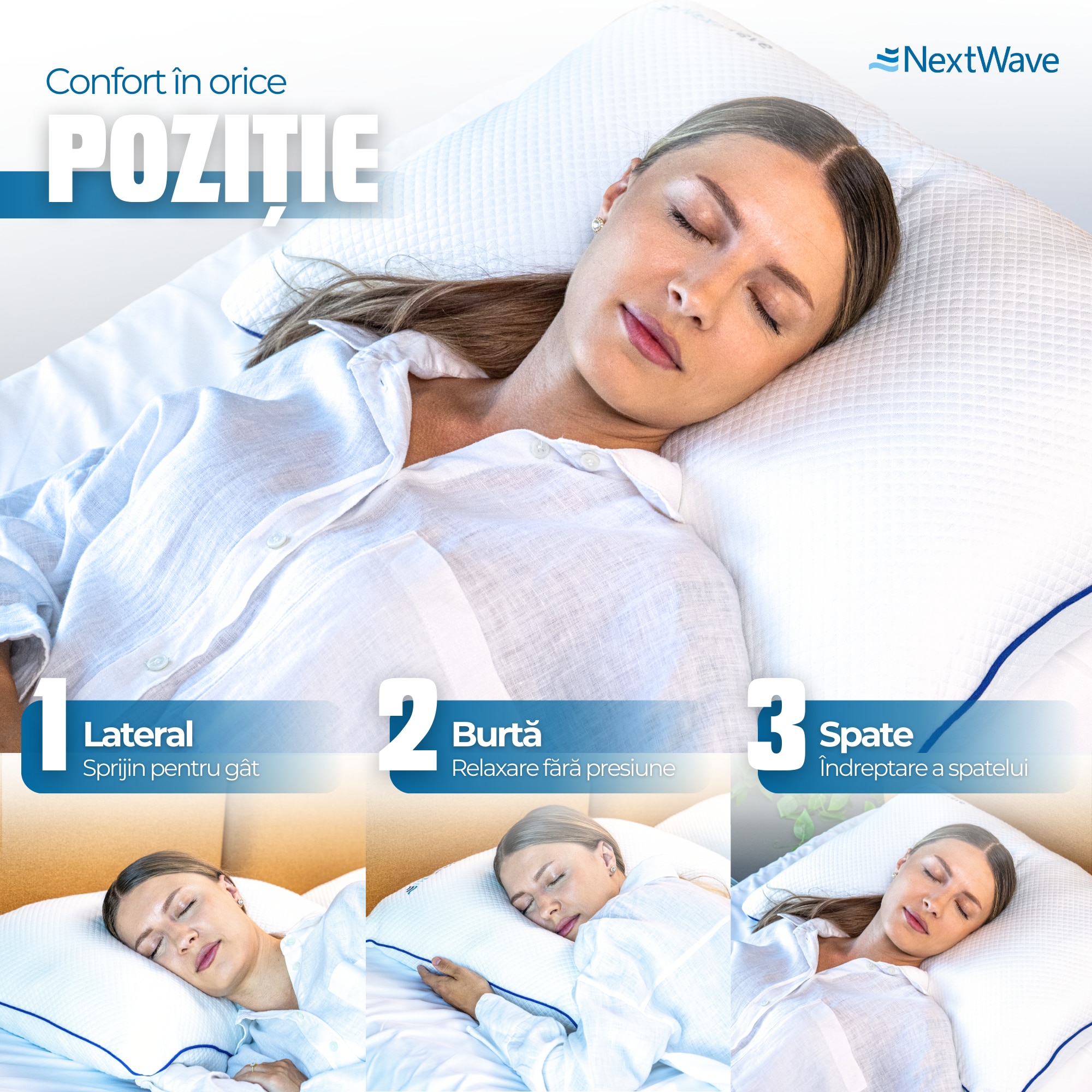 Perna ortopedica pentru dormit ajustabila NextWave®️, Spuma cu Memorie ...