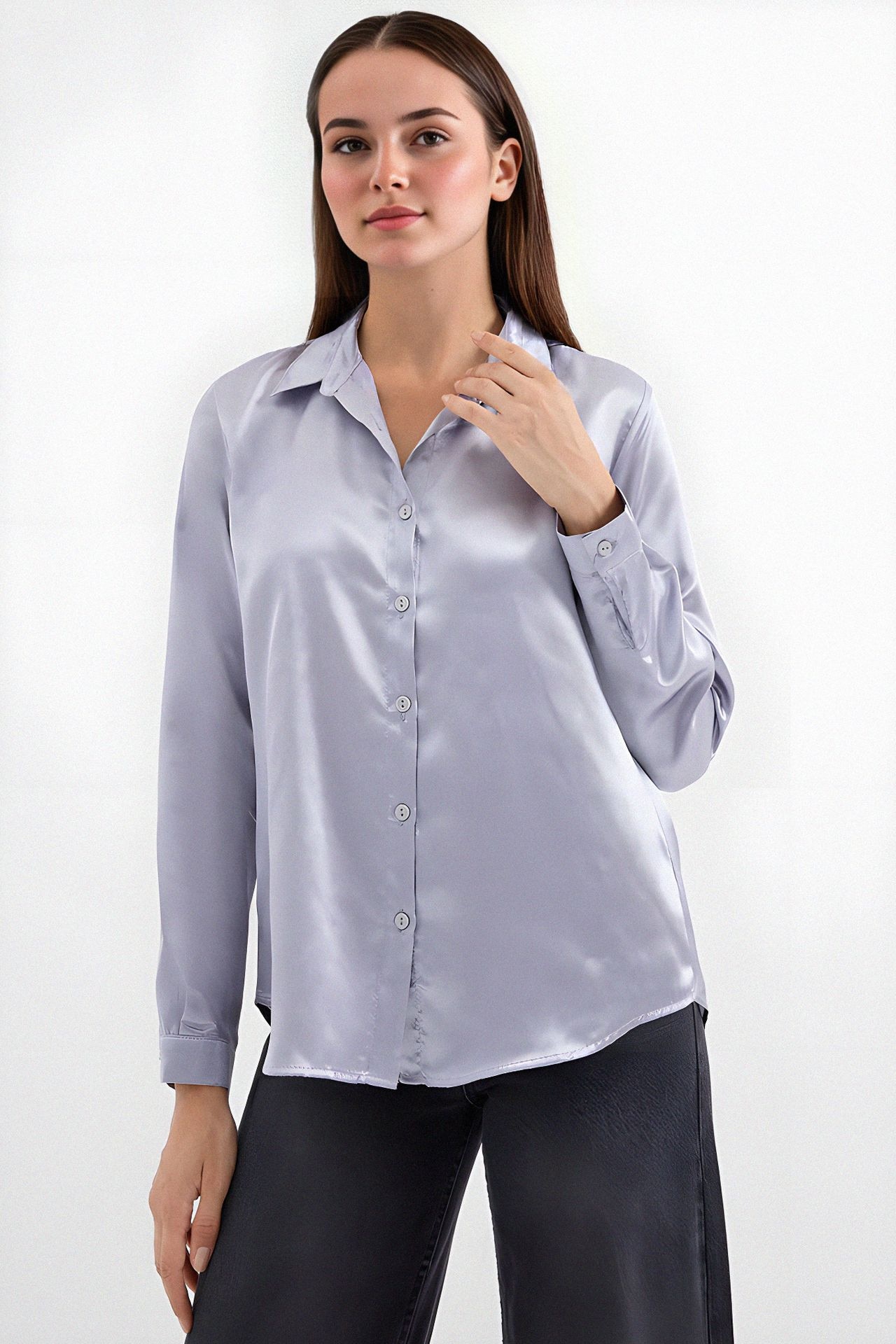 Női ing, HiCCUP, hosszú ujjú ing, szatén, világoslila, L INTL - eMAG.hu