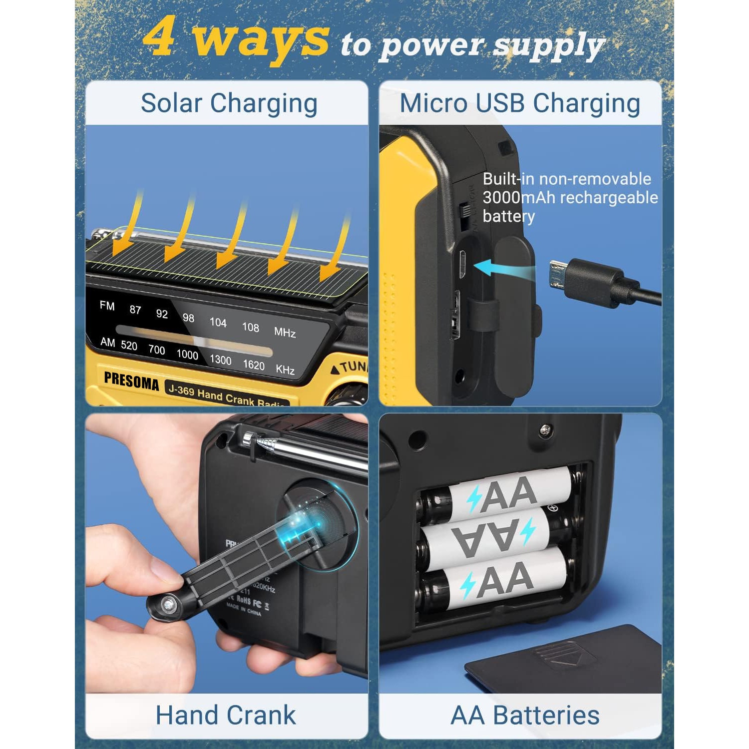 Radio portabil de urgență J-369, cu lanternă LED, powerbank 3000 mAh, galben - eMAG.ro