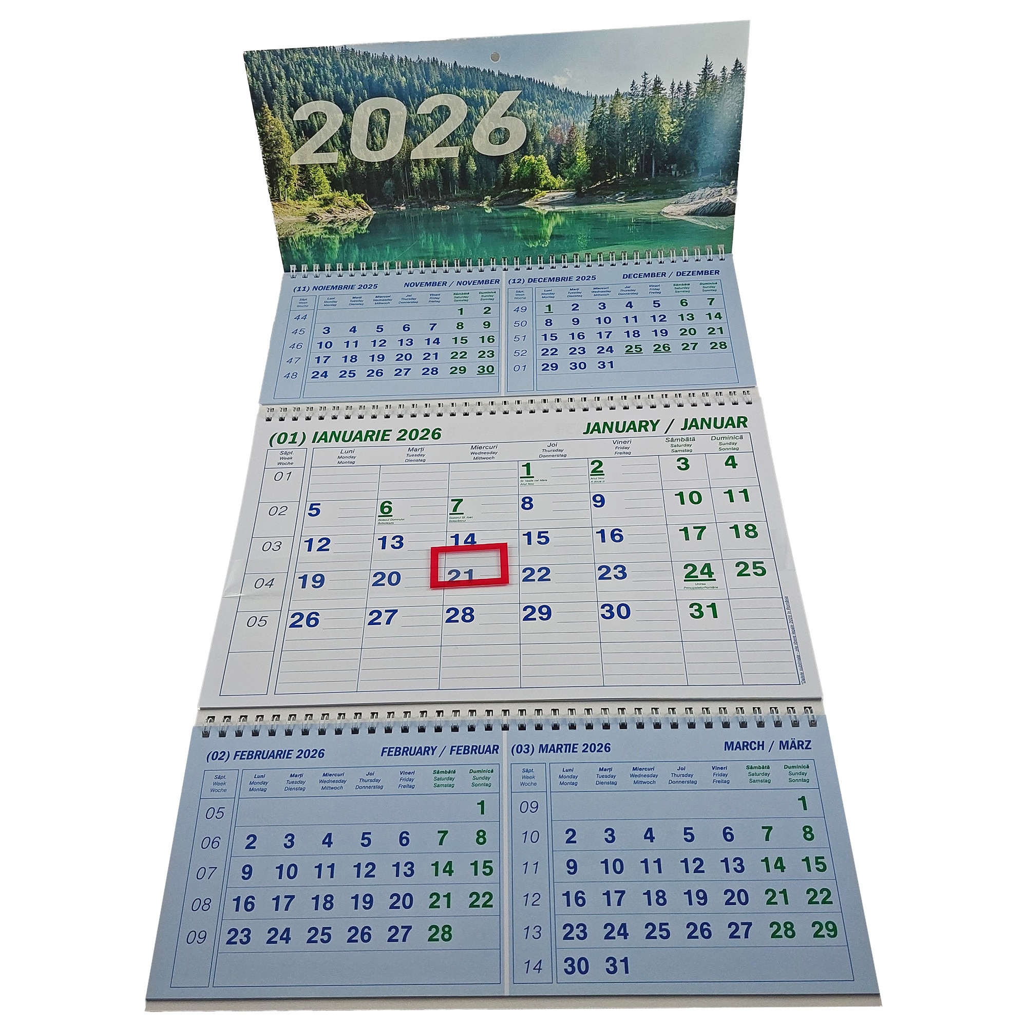Calendar de perete Stilus 2026, triptic pliabil, 12 file, albastru cu ...
