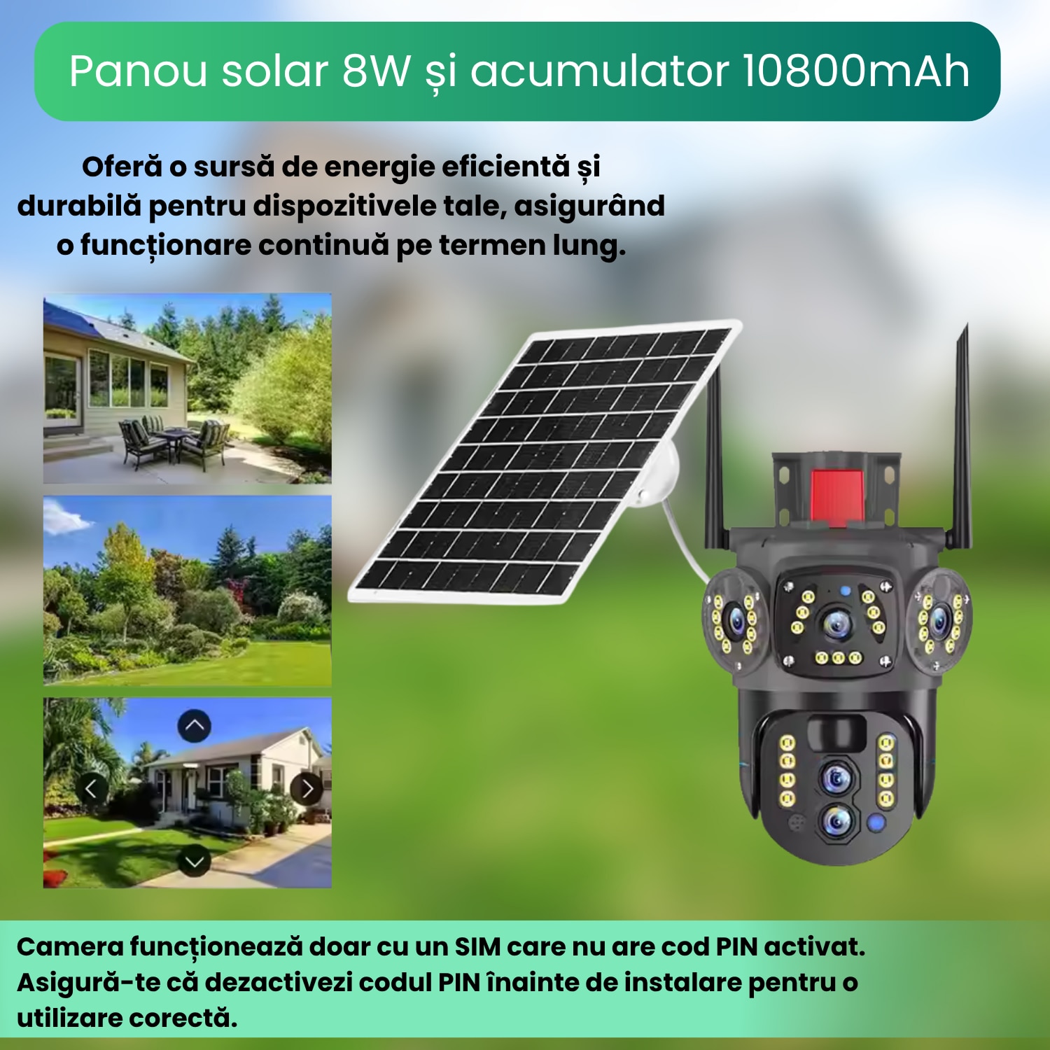 Camera de supraveghere tripla 4G Empionics® cu panou solar si card ...