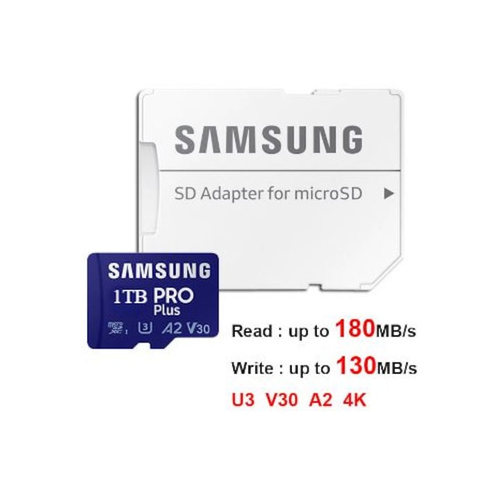 Card de memorie Micro SD 1TB Samsung U3 A2 V30, 180MB/s citire, 130MB/s ...