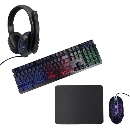 Set Gaming 4 in 1 i-JMB cu tastatura iluminata LED 7 culori, mouse 2400 ...