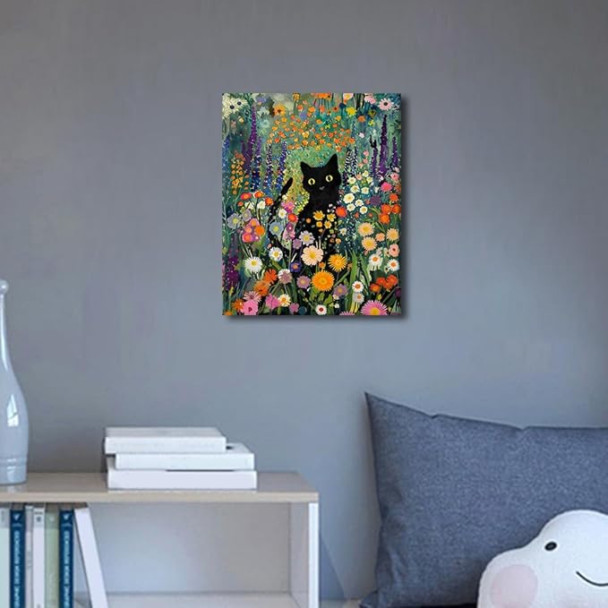 Pictura TISHIRON, Pisica Neagra cu Flori Colorate, panza 40x50 cm ...