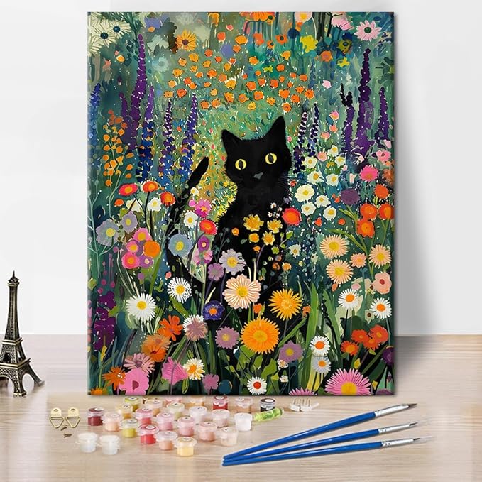 Pictura TISHIRON, Pisica Neagra cu Flori Colorate, panza 40x50 cm ...
