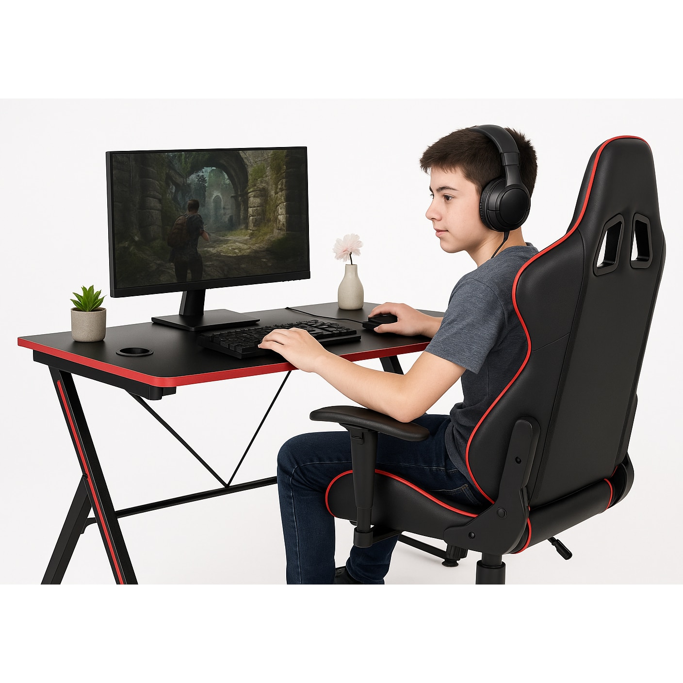 Birou Gaming Ergonomic i-JMB G120, Negru cu Elemente Roz, 120x60x76 cm ...