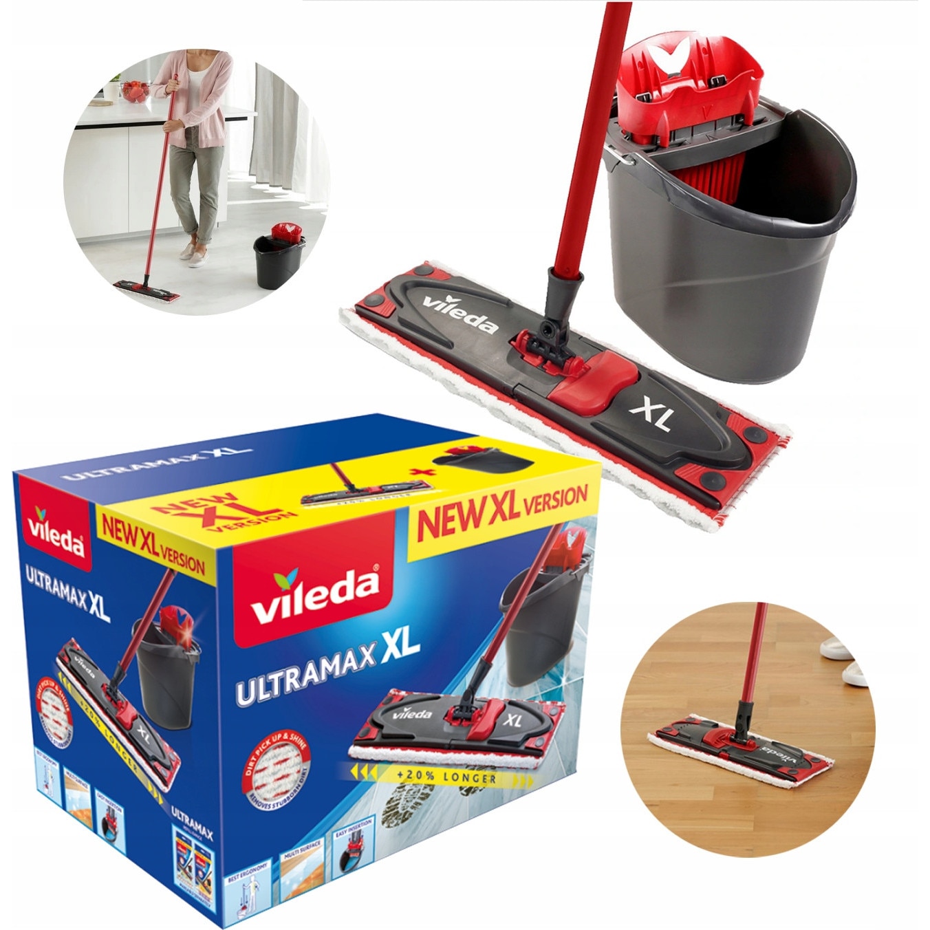 Моп Vileda Ultramax Box XL, комплект с кофа и изстискване, бяло-червен ...