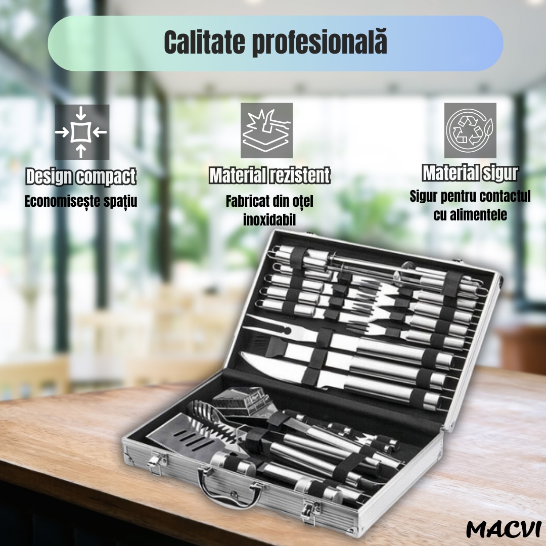 Set 10 ustensile pentru gratar Macvi® din otel inoxidabil premium ...