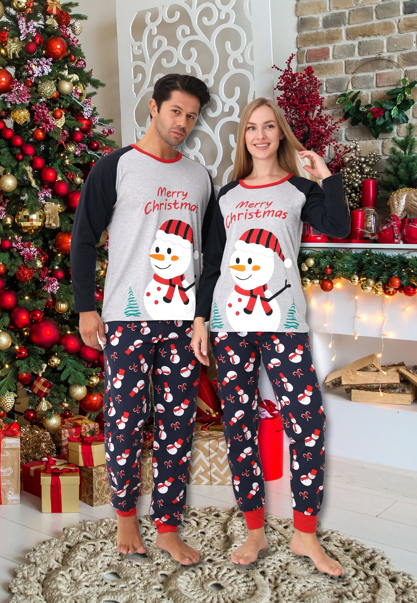 Pijama Femei, Tematica Craciun, Om de Zapada, Bumbac, Gri/Bleumarin - L ...