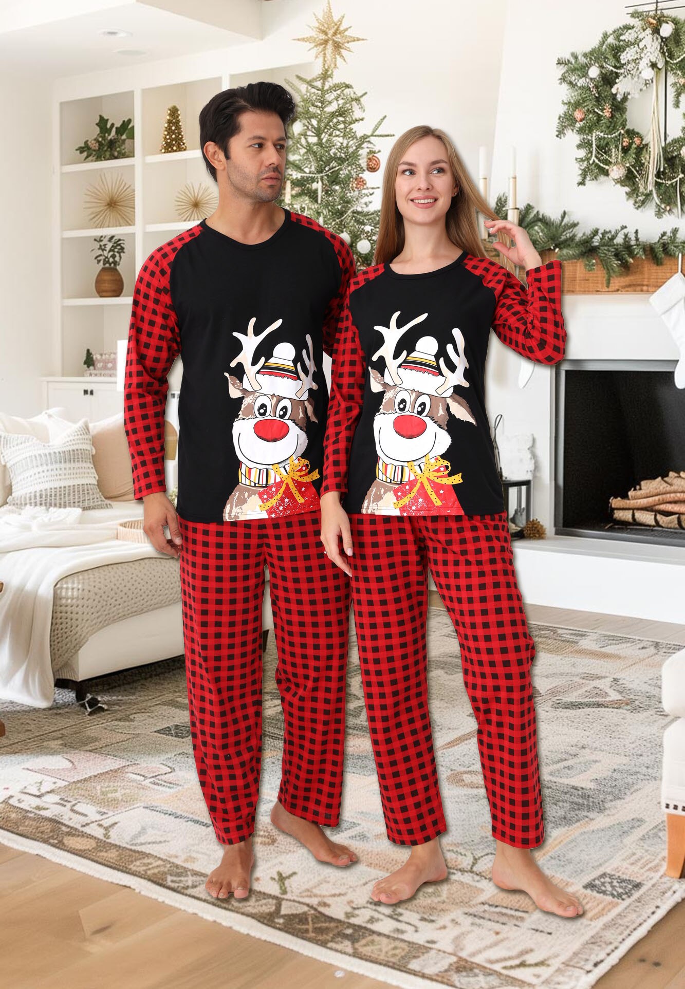 Pijama Femei, Tematica Craciun, Ren, Bumbac, Negru/Rosu - S - eMAG.ro