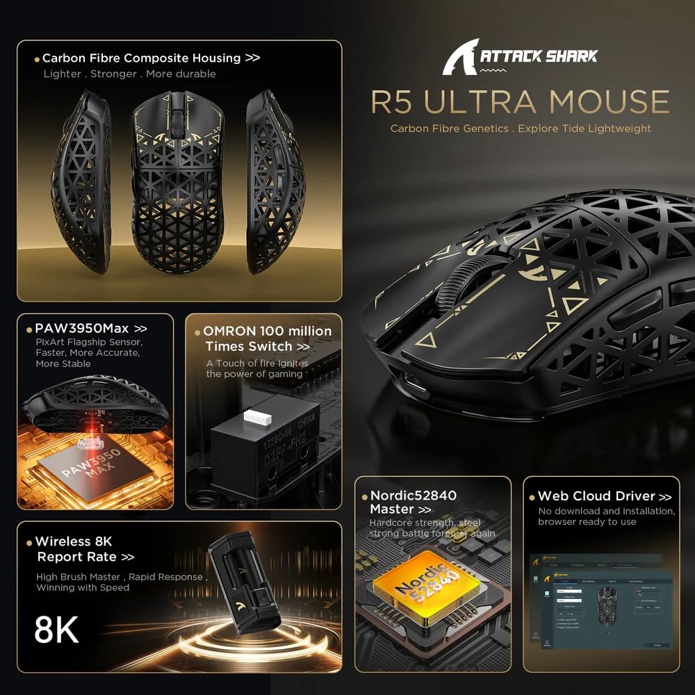 Mouse de gaming wireless ATTACK SHARK R5Ultra 8K din fibra de carbon cu ...