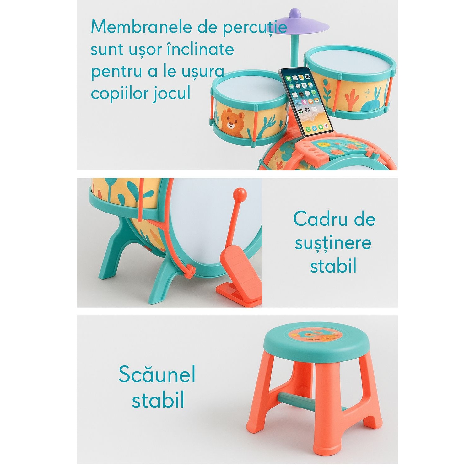 Set de tobe interactive pentru copii, cu bete, scaun si suport telefon ...