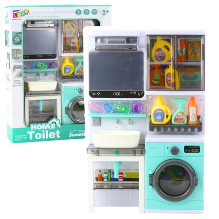 Játék fürdőszoba szett, LEAN Toys, mosdókagyló tükörrel, mosógép, fény ...