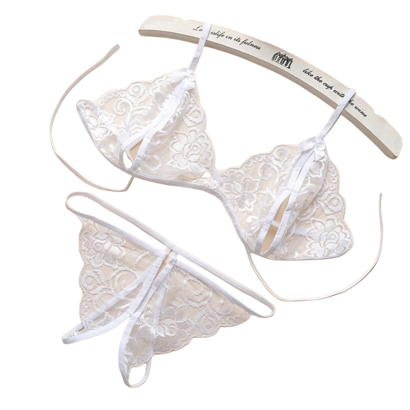 Set sexy, sutien dantelă cu decupaj și tanga deschisă, Alb - eMAG.ro