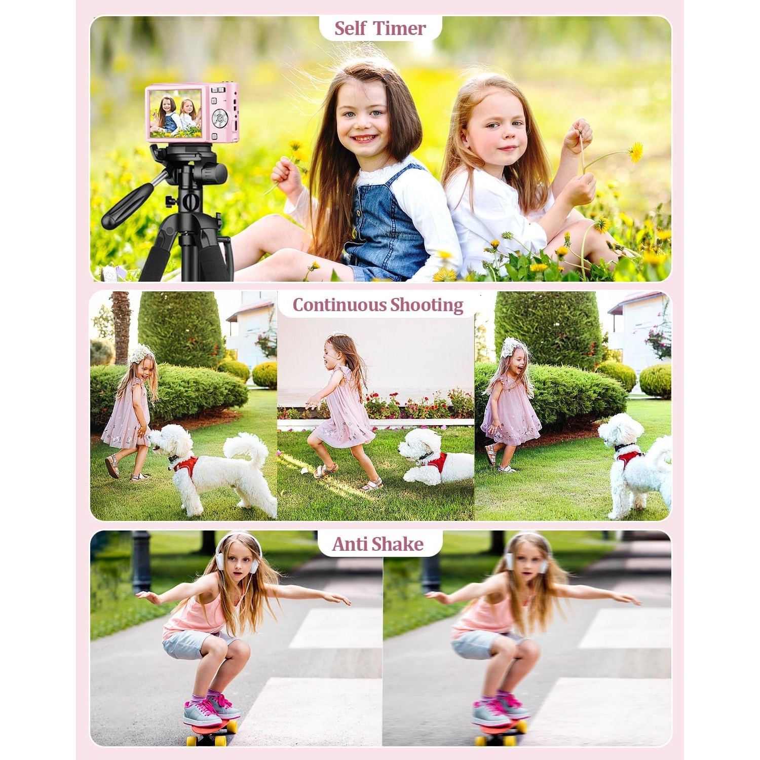 Aparat foto compact HNSMART, 50MP, zoom 16x, roz, cu card SD de 32GB ...