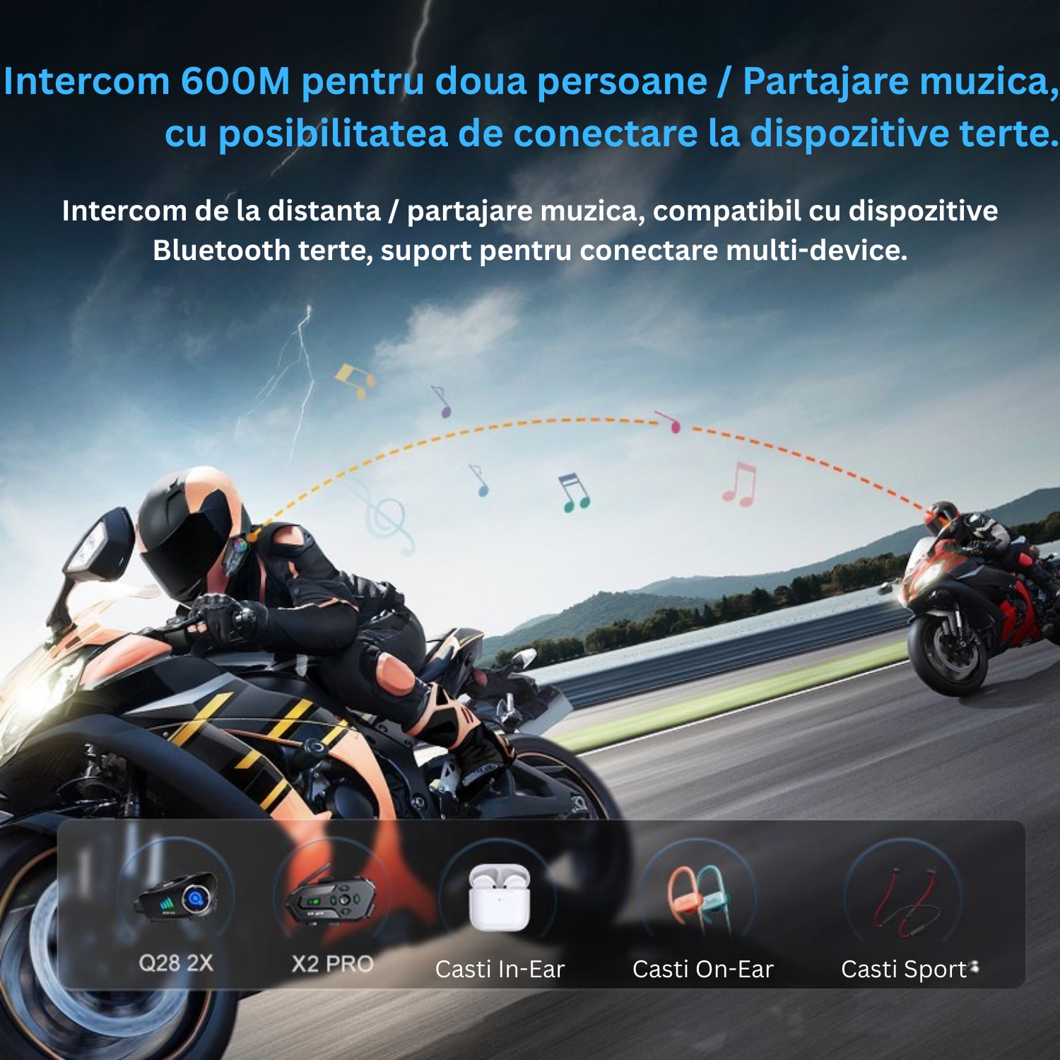 Intercom Moto Bluetooth Profesional cu Sunet HiFi Puternic, Anulare ...