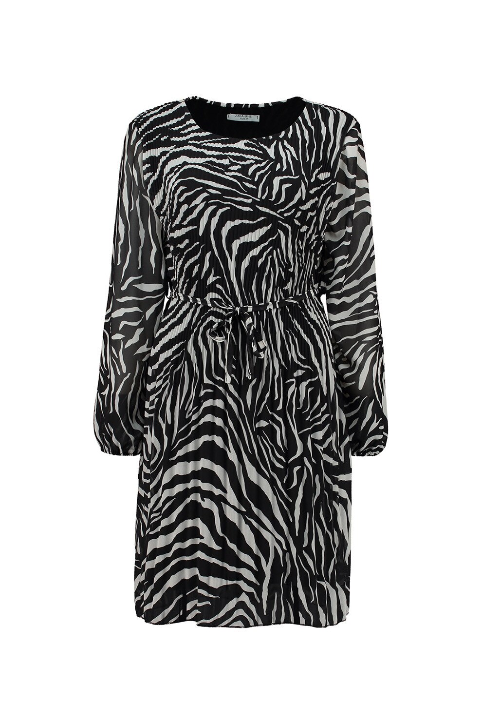 Zabaione, Rochie cu animal print si cordon subtire in talie, Alb, Negru ...