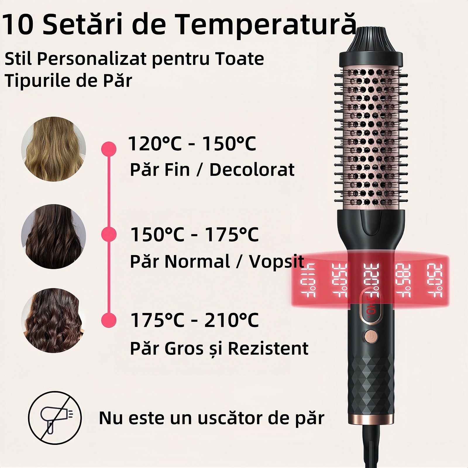 Perie electrica pentru par TERYJN, 3 in 1, 10 temperaturi, negru-auriu ...