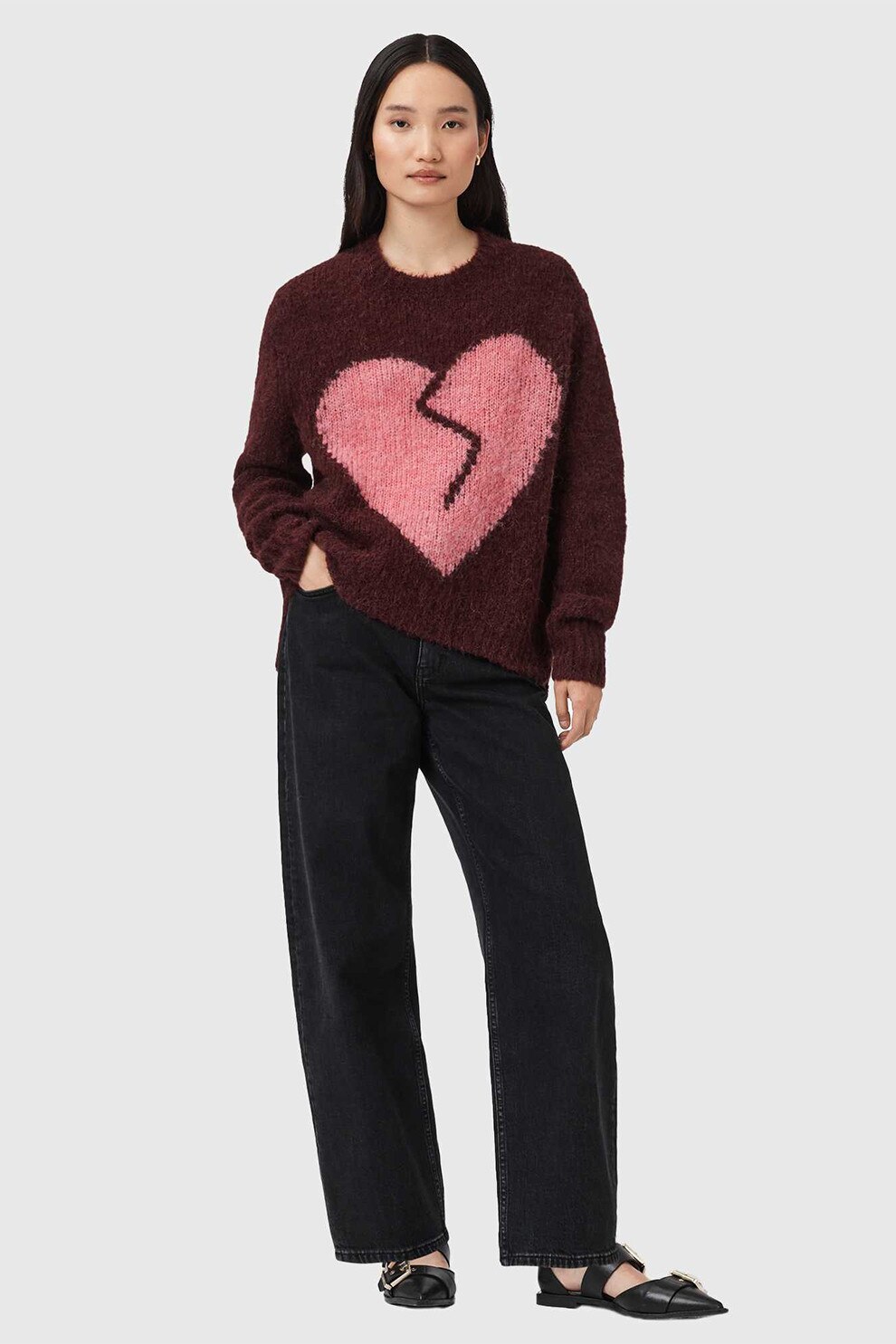 AllSaints, Pulover pufos din amestec de lana cu imprimeu cu inima Luv ...